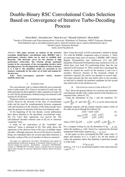 Pdf Double Binary Rsc Convolutional Codes Selection Based On Convergence Of Iterative Turbo