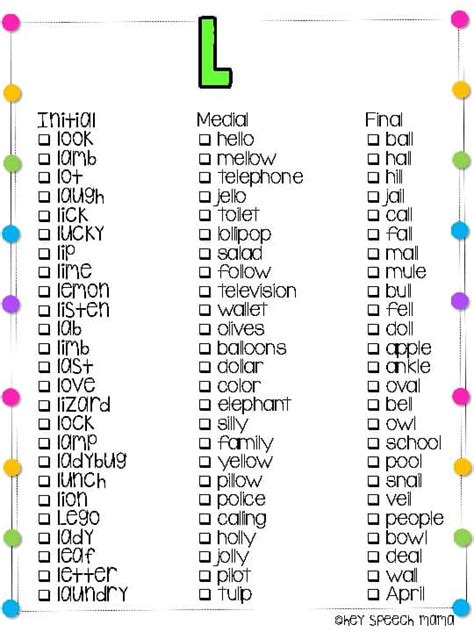 Phoneme l - articulation word list - all positions by Magnolia Speech ...