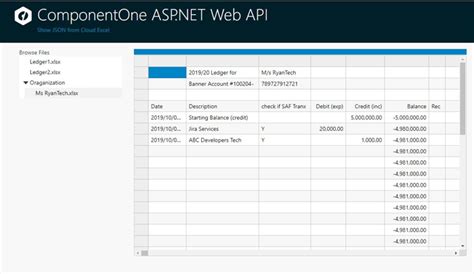 convert an excel file stored in the cloud to json componentone