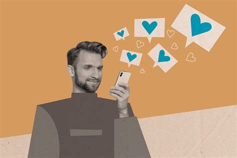 합성물 트렌드 삽화 스케치 이미지 콜라주 실루엣 젊은이 손에 들고 스마트 폰 사랑 반응 심장 소셜 미디어 네트워크 25 29세에 대한 스톡 사진 및 기타 이미지 Istock