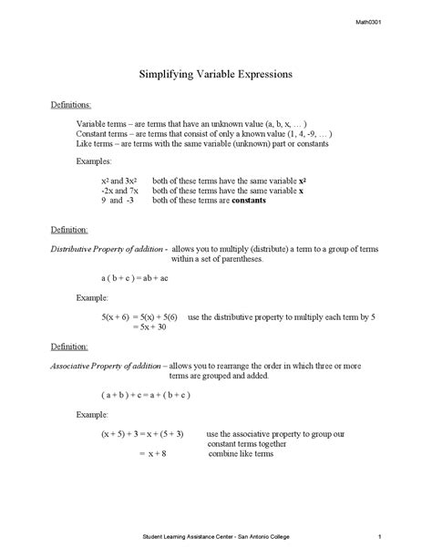 Math0301 Simplifying Variable Expressions Pdf Summaries Calculus Docsity