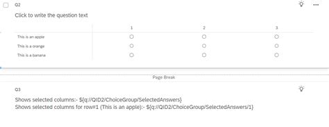how to pipe selected answers from matrix table type likert format