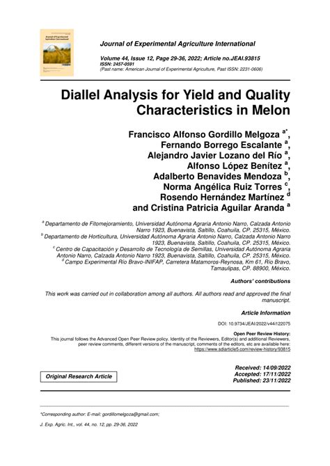 Pdf Diallel Analysis For Yield And Quality Characteristics In Melon