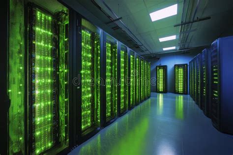 Modern Server Room With Illuminated Racks And Advanced Technology In A