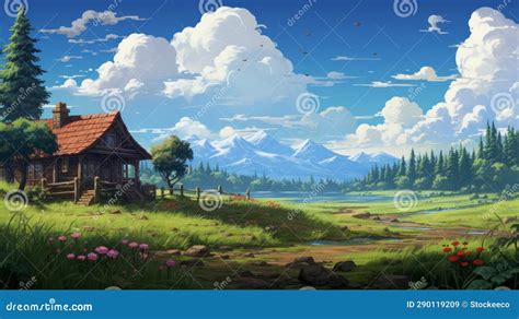 Pixel Art Landscape Wallpaper Jannu Cabin Surrounded By Trees And Clouds Royalty Free Stock