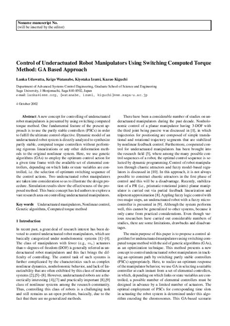 Pdf Control Of Underactuated Robot Manipulators Using Switching