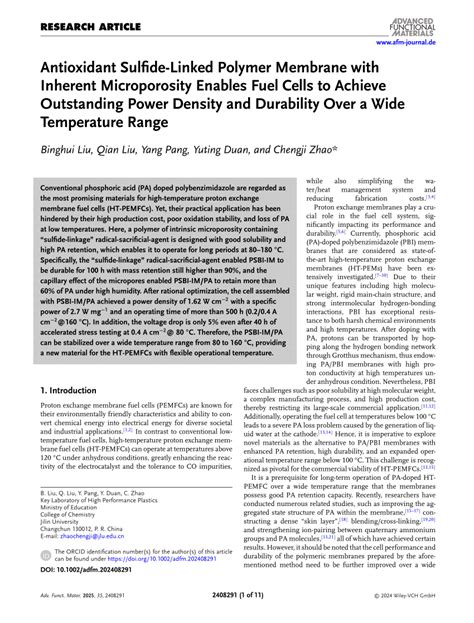 Antioxidant Sulfide‐linked Polymer Membrane With Inherent Microporosity Enables Fuel Cells To