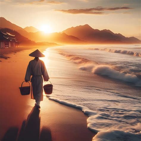 изображение пляжного комбера спускающегося на закате с волнами Иллюстрация штока иллюстрации