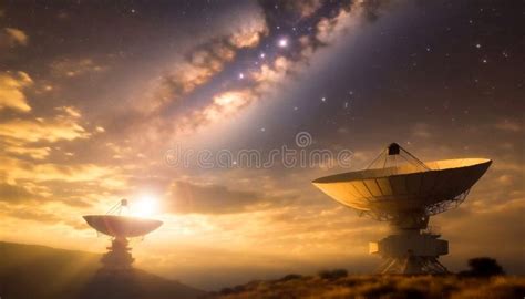 Two Large Radio Telescopes Pointing At Starry Sky Generative Ai Stock