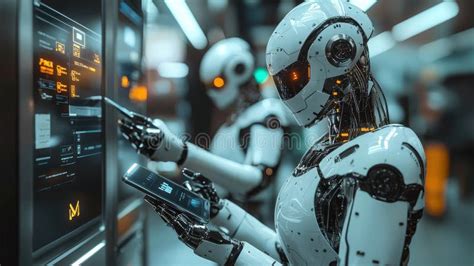 Futuristic Robots Interacting with a Digital Interface in a High-tech Setting Stock Image ...