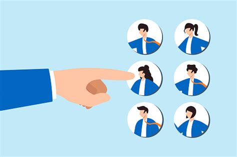 선택한 후보자를 가리키는 거대한 손가락의 평면 그림 직원 모집 직업 고용 새로운 직위 선택 인사 인사 면접 재능 헤드 헌터 가리키기에 대한 스톡 벡터 아트 및 기타 이미지