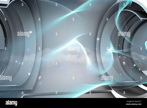 Abstract Illustration Of Green Digital Waves And White Glowing Particles Over Two Circular Scope