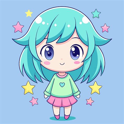 여자 귀여운 치비 파스텔 색상 프리미엄 벡터