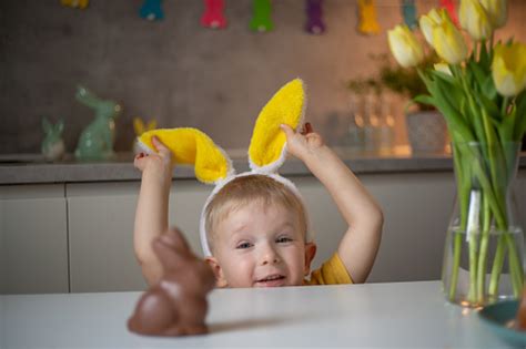 부활절 날에 토끼 귀를 입은 귀여운 소년이 초콜릿 부활절 토끼를 먹고 싶어합니다 한 아이가 부활절을 위해 달걀 사냥을합니다 매력적인 아이는 집에서 부활절을 축하합니다 가족에