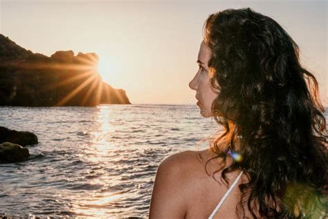 Woman Sea Yoga Happy Woman In White Swimsuit And Boho Style Braclets Practicing Outdoors On