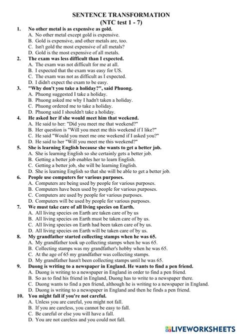 E9 - FT - NTC 2021 - Sentence transformation worksheet | Live Worksheets