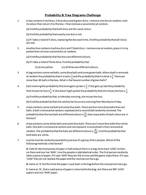 Probability And Tree Diagrams Challenging Questions Pdf