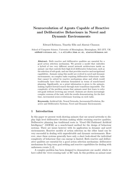 Pdf Neuroevolution Of Agents Capable Of Reactive And Deliberative Behaviours In Novel And