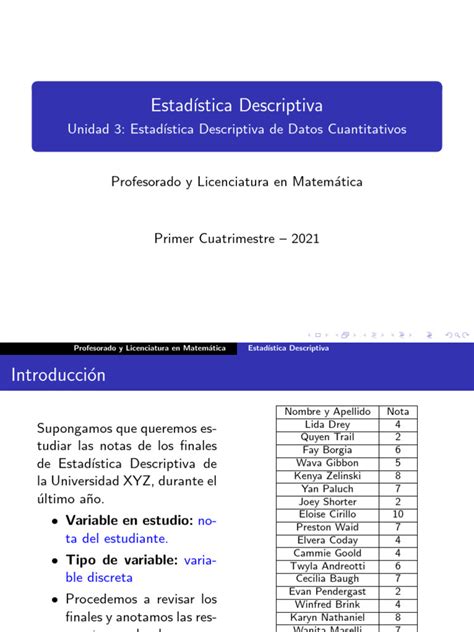 Unidad 3 Estadística Descriptiva De Datos Cuantitativos Clase 1 Pdf Observación Lógica