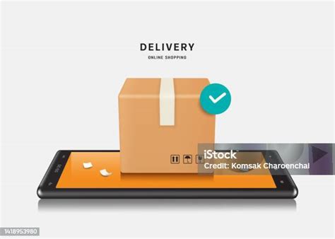 갈색 소포 상자 및 주문 확인 아이콘이 주황색 화면이있는 스마트 폰 화면에 팝업 공급망에 대한 스톡 벡터 아트 및 기타 이미지 공급망 3차원 형태 Brand Name