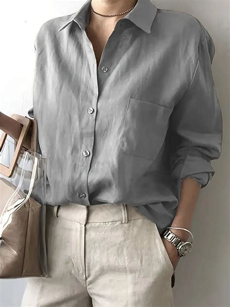 솔리드 패치드 포켓 심플 셔츠 봄과 가을에 다용도로 사용할 수 있는 롱 슬리브 셔츠 여성 의류 Temu Republic Of
