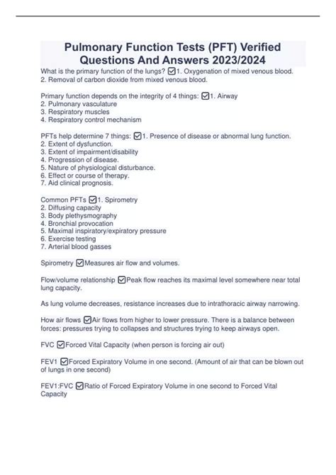 Pulmonary Function Tests PFT Verified Questions And Answers 2023 2024 Pulmonary Function
