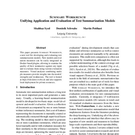 Summary Workbench Unifying Application And Evaluation Of Text