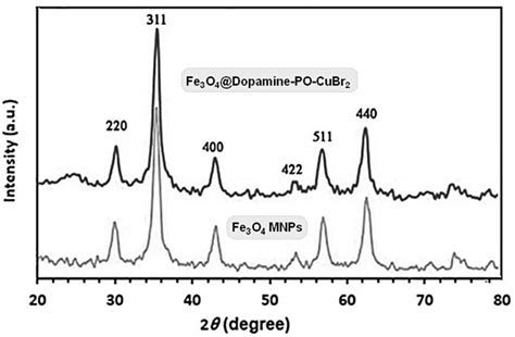 XRD analysis of Fe3O4 MNPs and Fe3O4@Dopamine-PO-CuBr2 nanocatalyst ...