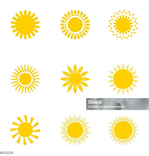 밝은 태양 아이콘세트 벡터입니다 흰색 고립 된 배경에 다양한 디자인의 일몰 로고 개체 그룹에 대한 스톡 벡터 아트 및 기타 이미지 개체 그룹 기상학 기후 묘사