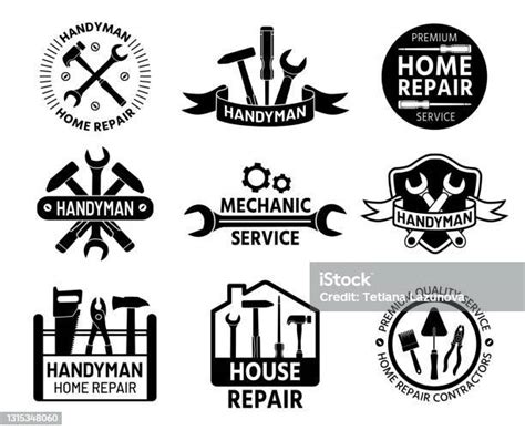 핸디맨 로고 정비사 및 주택 수리 서비스 로고건설 및 편리한 도구 렌치 및 망치 빌더 회사 스탬프 벡터 세트 Diy에 대한 스톡 벡터 아트 및 기타 이미지 Istock