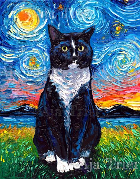 Tuxedo Cat Art Starry Night Print By Aja Choose Size Photo Etsy Artofit