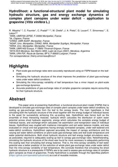Pdf Hydroshoot A Functional Structural Plant Model For Simulating Hydraulic Structure Gas