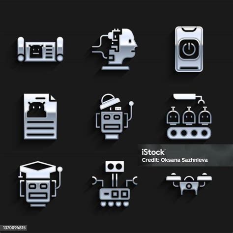 설정 로봇 무인 항공기 로봇의 산업 생산 기술 사양 전화 및 청사진 아이콘에서 해제 벡터 가공의 인물에 대한 스톡 벡터 아트 및