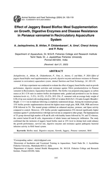 Pdf Effect Of Jaggery Based Biofloc Meal Supplementation On Growth Digestive Enzymes And