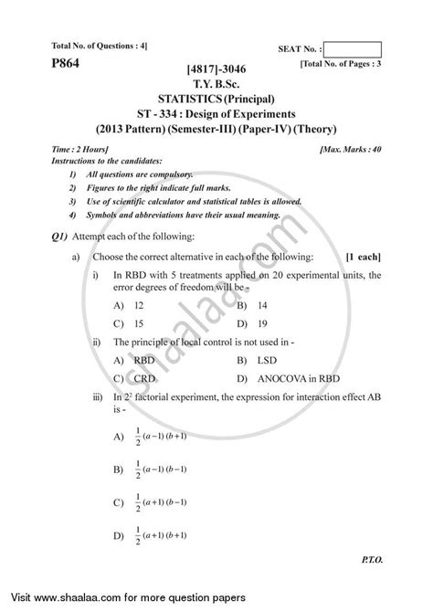 Design Of Experiments 2015 2016 B Sc Statistics Semester 5 Tybsc 2013