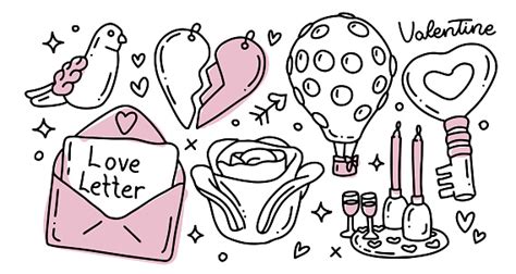 귀여운 손으로 그린 로맨틱 낙서 클립 아트 발렌타인 데이 요소 세트의 불완전한 미학 선형 벡터 일러스트 레이 션 연애 편지 비둘기 열기구 낭만적 인 저녁 식사 0명에 대한