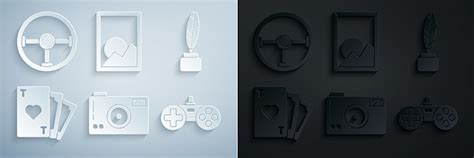 세트 사진 카메라 깃털 및 잉크병 심장 상징 Gamepad 그림 풍경 및 스티어링 휠 아이콘과 카드 놀이 벡터 3차원 형태에 대한 스톡 벡터 아트 및 기타 이미지 Istock