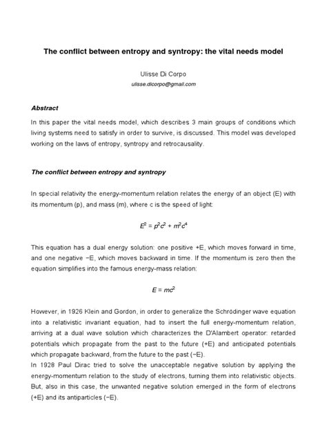 The Conflict Between Entropy And Syntropy Thevitalneedsmodel Pdf Causality Entropy