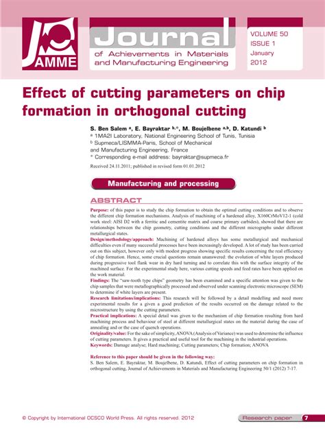 Pdf Effect Of Cutting Parameters On The Chip Formation In Orthogonal Cutting