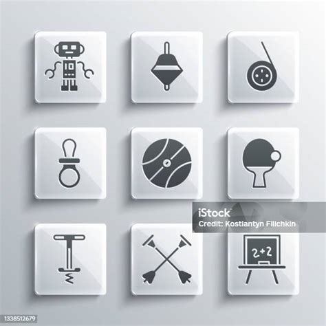 빨판 팁 칠판 라켓과 공 농구 포고 스틱 점프 장난감 아기 더미 젖꼭지 로봇과 요요 아이콘화살표를 설정합니다 벡터 공 스포츠 장비에 대한 스톡 벡터 아트 및 기타 이미지