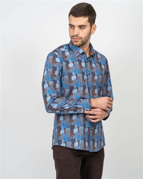 СИНЯ РИЗА С ЦВЕТЕН ПРИНТ ВТАЛЕН СИЛУЕТ