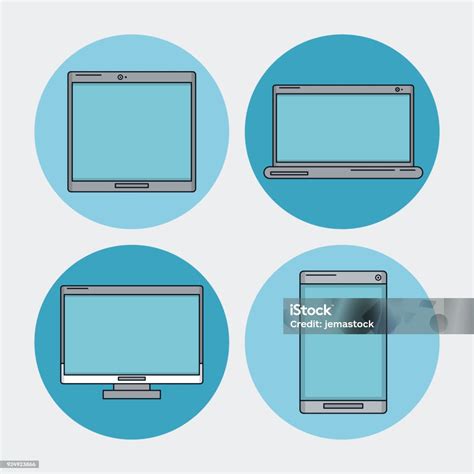 노트북 및 데스크톱 컴퓨터와 태블릿 및 스마트폰 파란색 원에 기술 장치와 흰색 배경 그래픽 사용자 인터페이스에 대한 스톡 벡터 아트 및 기타 이미지 그래픽 사용자