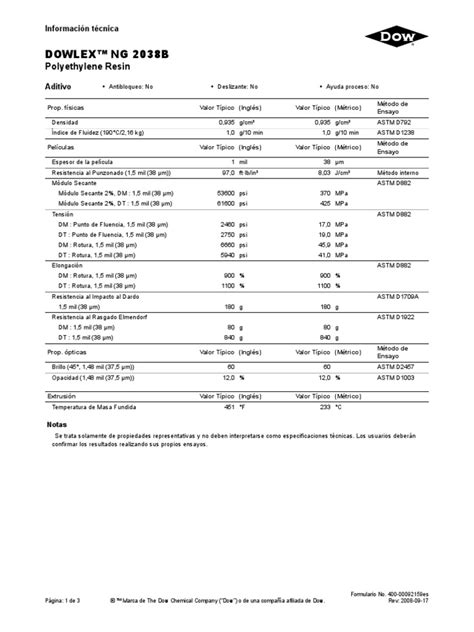 400 00092159es Dowlex Ng 2038b Polyethylene Resin Tds Pdf