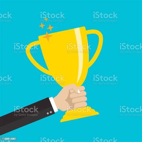 손에 트로피 컵 우승자 컵을 들고 손으로 배너 또는 포스터 디자인 챔피언 상 1위 수상 승리와 성공의 상징 벡터 그림입니다 1