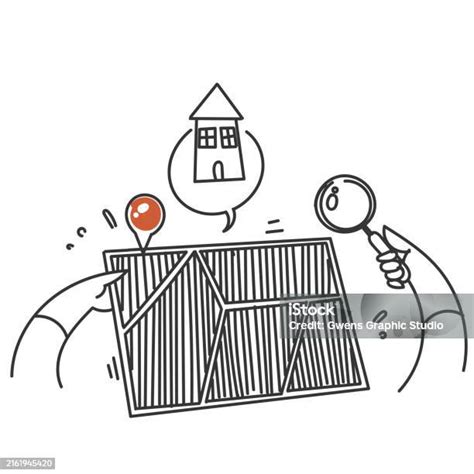 손으로 그린 낙서 집과지도 검색은 집 위치를 검색하기위한 돋보기 기호와 함께 개념에 대한 스톡 벡터 아트 및 기타 이미지 개념 거리 건축 Istock