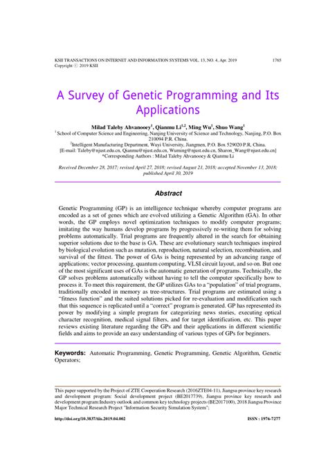 Pdf A Survey Of Genetic Programming And Its Applications