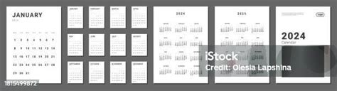 2024년 월간 캘린더 플래너 페이지 템플릿 세트와 Place For Photo 및 회사 로고가 있는 표지 벡터 레이아웃 미니멀리스트 달력 와 주 시작 월요일 인쇄 A4