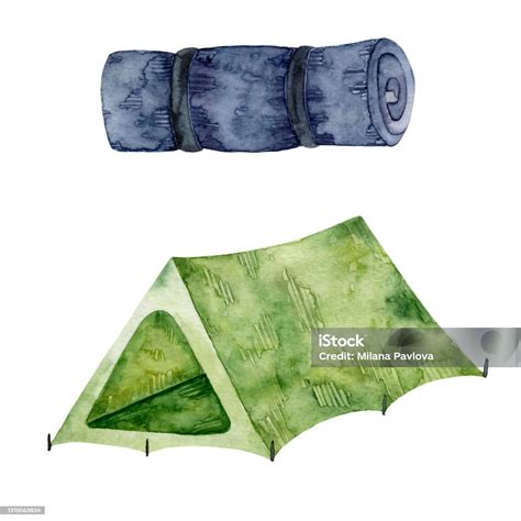 수채화 손 그린 텐트와 거품 소파를 그리는 여행 용품 캠핑 야외 레크리에이션 여름 0명에 대한 스톡 벡터 아트 및 기타 이미지 Istock