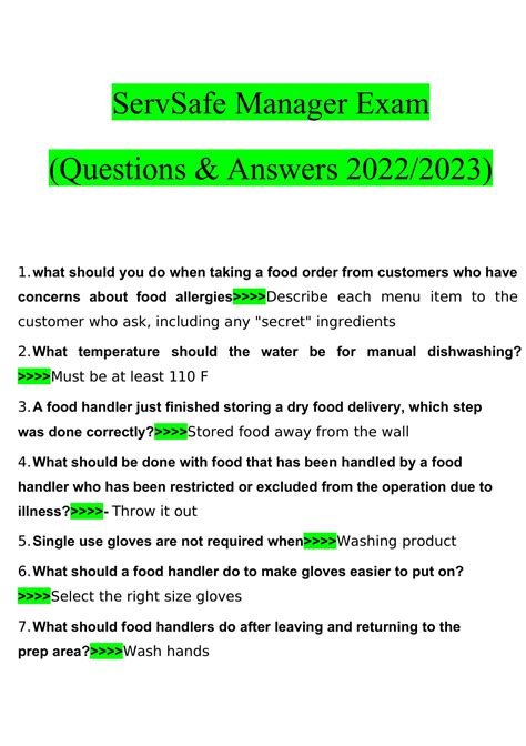 ServSafe Manager Exam Questions And Answers Verified Answers Document