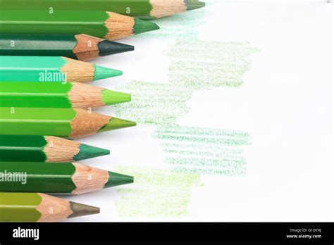 Crayons Of Different Shades Of Green Color Are Located On The Left Side